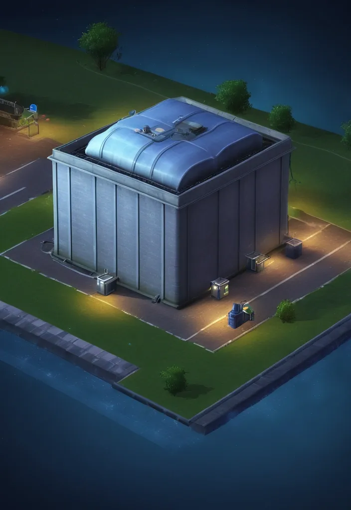 Simcity buildit style , water tank , realistic , night , gameplan ...