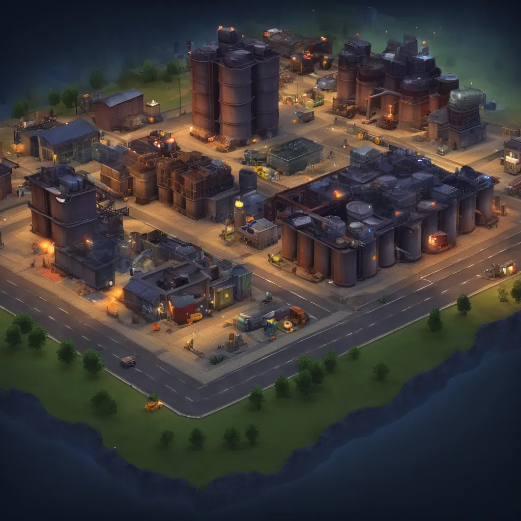 Simcity buildit style , dump industrial , realistic , night , gameplan ...