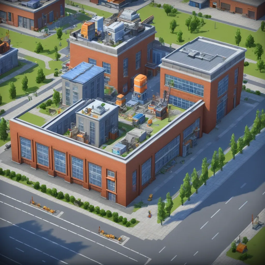 Simcity buildit style , modern factory , realisic , daylight, gameplan ...