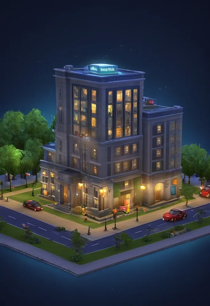 Simcity buildit style , building , realisic , night , gameplan ...