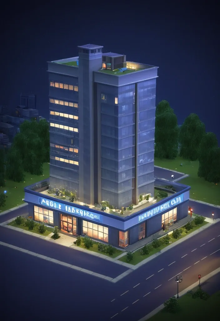 Simcity buildit style , modern building , realistic , night , gameplan ...