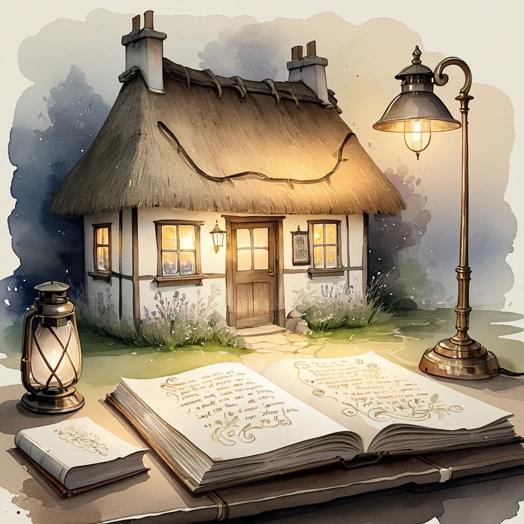 A delicate watercolor illustration of a thatched writing cottage with ...