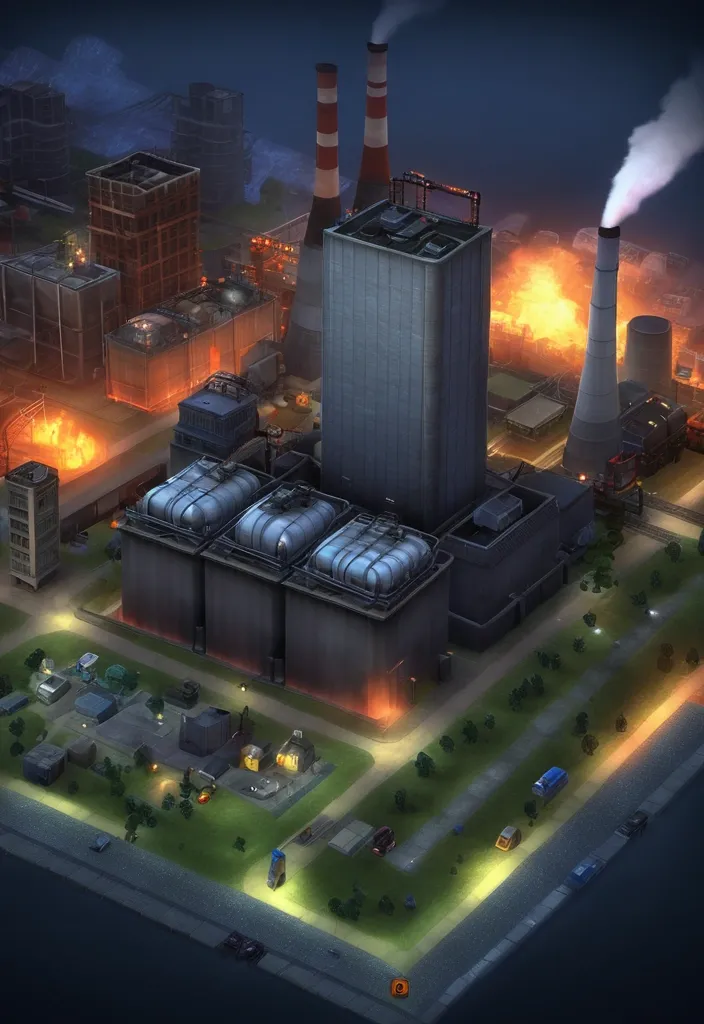 Simcity buildit style , coal power plant, realistic , night , gameplan ...