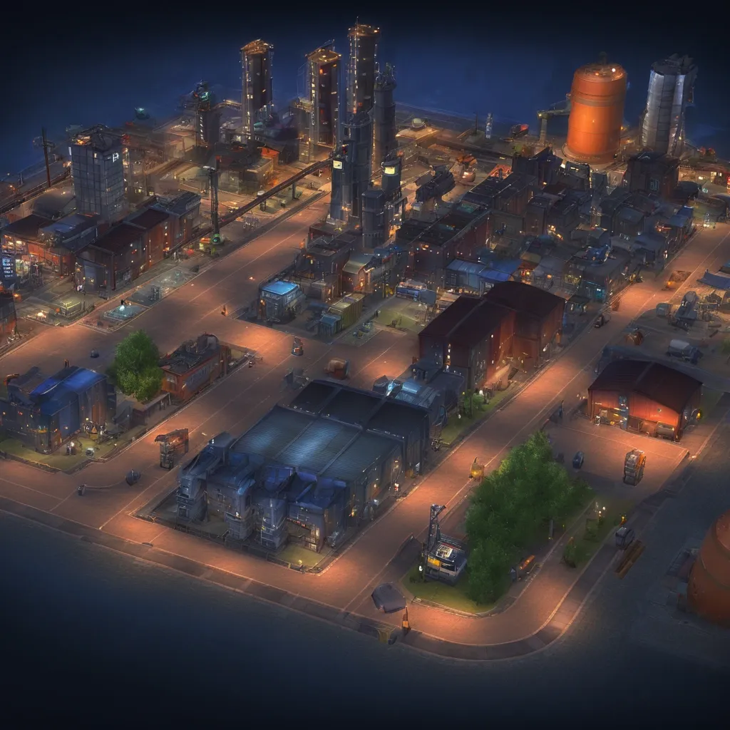 Simcity buildit style , industrial area , realistic , night , gameplan ...