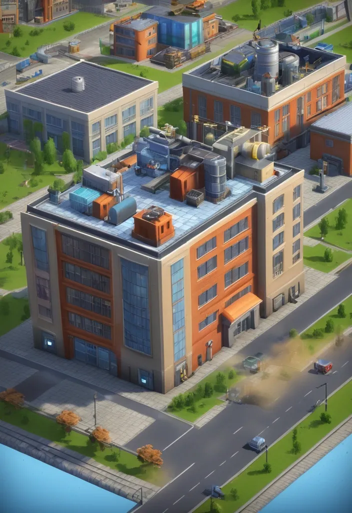 Simcity buildit style , modern factory , realisic , daylight, gameplan ...