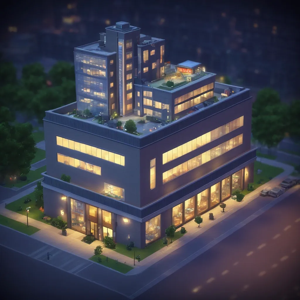 Simcity buildit style , modern building , realistic , night , gameplan ...